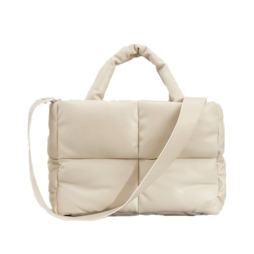 Small Quilted Puffer Shoulder Bag, PU Cotton Padded Designer Handbags, Winter Soft Tote Bag Crossbody Bag (White)