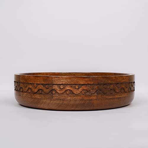 EDHAS Mango Wood Decorative Round Carved Bowl for Decoration, Centerpiece Bowl for Table (10.5" x 10.5" x 2.5")