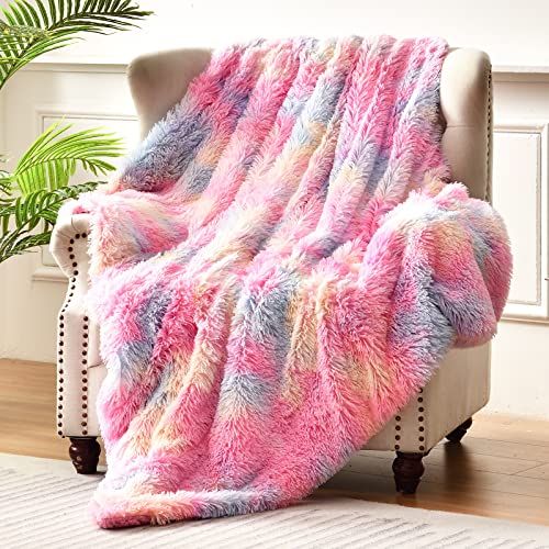 Exclusivo Mezcla Super Soft Fuzzy Faux Fur Throw Blanket, Fluffy Plush Cozy Reversible Shaggy Sherpa Fleece Blankets and Warm Throws for Couch Sofa Bed, 50x60 inches, Rainbow