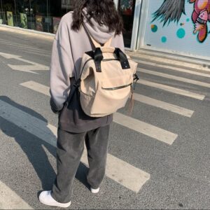 HACODAN Harajuku Grunge Aesthetic Backpack Tote Bag, Women Men Girls Schoolbag Large Back to School (beige)