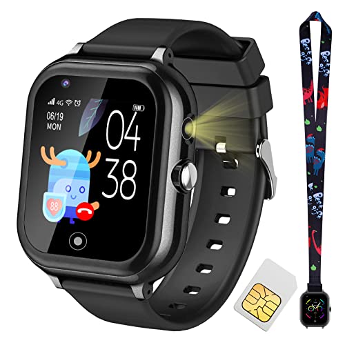 cjc 4G Smart Watch for Kids with SIM Card , Kids Phone Smartwatch GPS Position , Call Voice & Video Chat, SOS, WiFi, Music，Watch with Lanyard for Children Ages 3-12 Ship from US (Black)