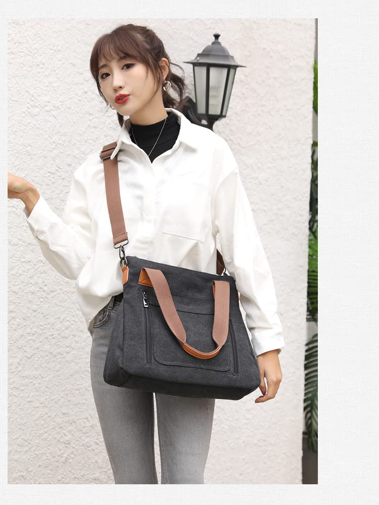 Women's Tote Canvas Satchel Hand Bag Corssbody Retro Clutch Muti Pocket Shoulder Bag Purse Hobo Bag