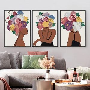 african american wall art set of 3 flower black women head wall prints fashion black skin girl canvas painting pictures unframed modern decorative artwork posters for bedroom living room wall decor