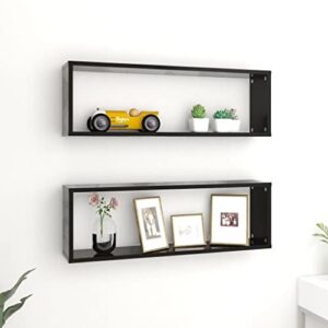 xoopit floating shelves,floating shelves set of 2 wall cube shelves high gloss black wall decor display shelves for bedroom living room 80x15x26.5cm engineered wood