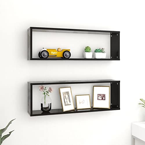 XOOPIT Floating Shelves,Floating Shelves Set of 2 Wall Cube Shelves High Gloss Black Wall Decor Display Shelves for Bedroom Living Room 80x15x26.5cm Engineered Wood