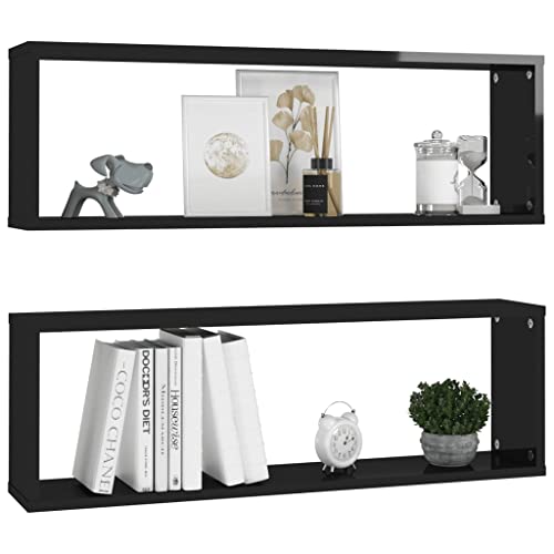 XOOPIT Floating Shelves,Floating Shelves Set of 2 Wall Cube Shelves High Gloss Black Wall Decor Display Shelves for Bedroom Living Room 80x15x26.5cm Engineered Wood