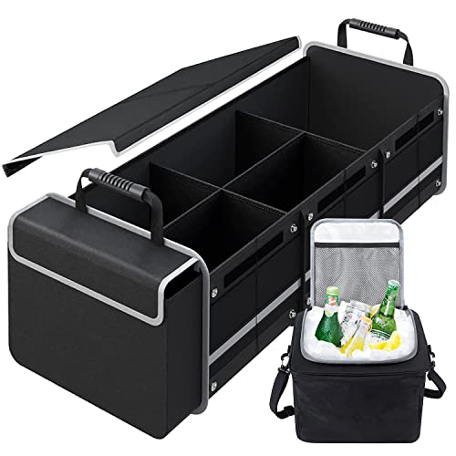 Car Trunk Organizer,Heavy Duty Collapsible Car Trunk Storage Organizer, with Insulated Leakproof Cooler Bag Car Cargo Trunk Organizer with Lid, 3 Compartments, with Straps For for Car Suv/Jeep/Sedan