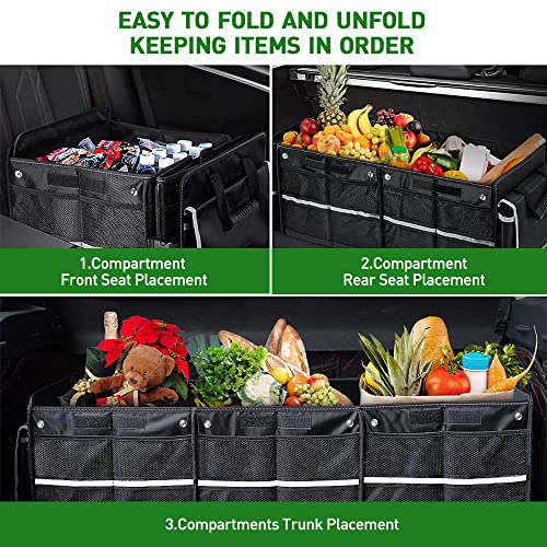 Car Trunk Organizer,Heavy Duty Collapsible Car Trunk Storage Organizer, with Insulated Leakproof Cooler Bag Car Cargo Trunk Organizer with Lid, 3 Compartments, with Straps For for Car Suv/Jeep/Sedan