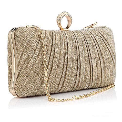 Clutch Purse for Women Pleated Glitter Evening Bag for Crystal Bridal Wedding Party with Rhinestone (Khaki)