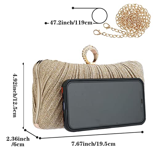 Clutch Purse for Women Pleated Glitter Evening Bag for Crystal Bridal Wedding Party with Rhinestone (Khaki)