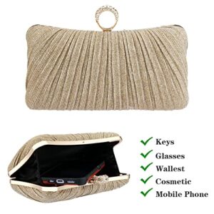 Clutch Purse for Women Pleated Glitter Evening Bag for Crystal Bridal Wedding Party with Rhinestone (Khaki)