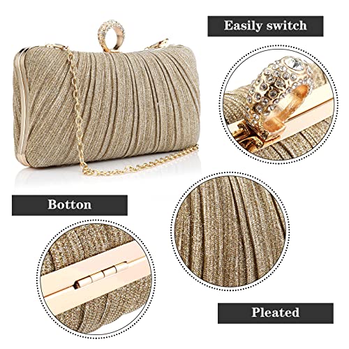 Clutch Purse for Women Pleated Glitter Evening Bag for Crystal Bridal Wedding Party with Rhinestone (Khaki)