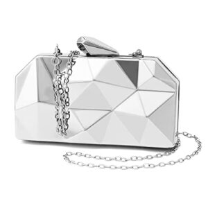 yapaiou women lattice pattern metal evening clutch bag,geometric evening clutch purse handbag with chain strap for lady wedding party prom formal occasion(silver)