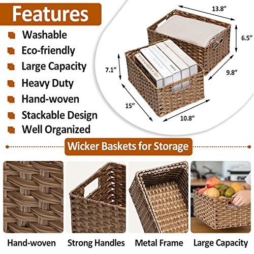 ROSOS Wicker Baskets 2 Pack, Wicker Storage Basket with Handles, Large Wicker Baskets for Storage, Waterproof Wicker Baskets for Organizing, Large Storage Baskets Wicker 15" and Medium 14", Brown