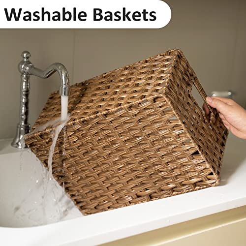 ROSOS Wicker Baskets 2 Pack, Wicker Storage Basket with Handles, Large Wicker Baskets for Storage, Waterproof Wicker Baskets for Organizing, Large Storage Baskets Wicker 15" and Medium 14", Brown