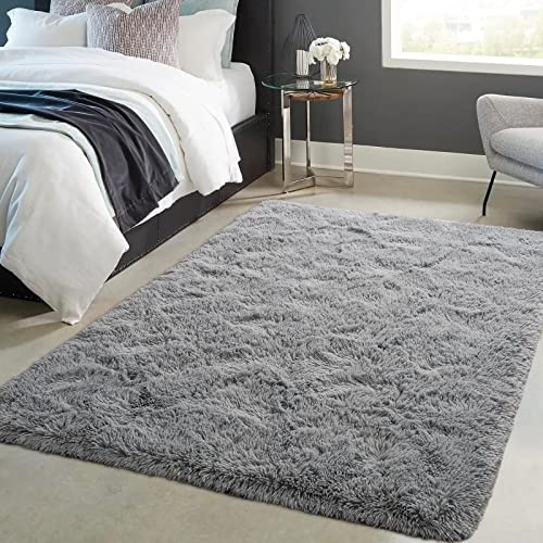 Toneed Ultra Soft Area Rug for Bedroom, 4 x 6 Feet Fluffy Rug Furry Plush Throw Rug Fuzzy Shaggy Indoor Carpet for Living Room Kids Room Nursery Dorm Home Decor, Grey