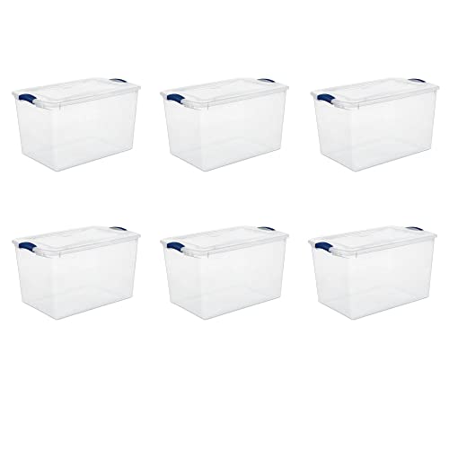 66 Qt. Plastic Storage Bin Tote Organizing Container With Durable Lid, Stackable and Nestable Snap Lid Plastic Storage Bin, 6 Pack, Clear With Gray Buckle