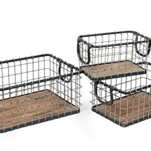 Rectangular Hand Welded Farmhouse Metal Baskets In Set Of 3 with Rustic Wooden Bottom. Large one:16.14"X12.2'X7.08"H, Study and Sutitable For Laundry, Towel, Spice Rack, Storage, Tool Box, Picnic