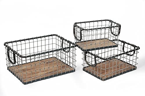 Rectangular Hand Welded Farmhouse Metal Baskets In Set Of 3 with Rustic Wooden Bottom. Large one:16.14"X12.2'X7.08"H, Study and Sutitable For Laundry, Towel, Spice Rack, Storage, Tool Box, Picnic