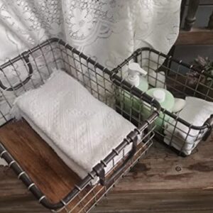 Rectangular Hand Welded Farmhouse Metal Baskets In Set Of 3 with Rustic Wooden Bottom. Large one:16.14"X12.2'X7.08"H, Study and Sutitable For Laundry, Towel, Spice Rack, Storage, Tool Box, Picnic