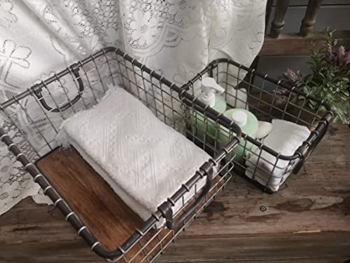 Rectangular Hand Welded Farmhouse Metal Baskets In Set Of 3 with Rustic Wooden Bottom. Large one:16.14"X12.2'X7.08"H, Study and Sutitable For Laundry, Towel, Spice Rack, Storage, Tool Box, Picnic