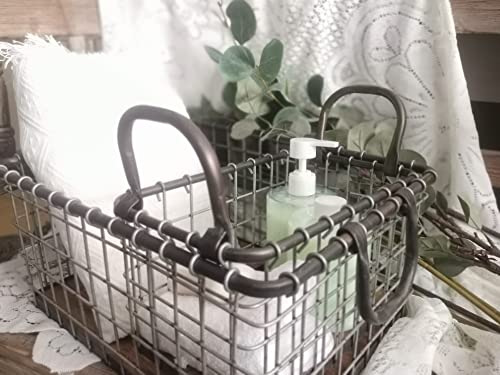 Rectangular Hand Welded Farmhouse Metal Baskets In Set Of 3 with Rustic Wooden Bottom. Large one:16.14"X12.2'X7.08"H, Study and Sutitable For Laundry, Towel, Spice Rack, Storage, Tool Box, Picnic