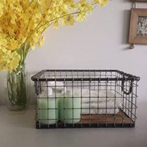 Rectangular Hand Welded Farmhouse Metal Baskets In Set Of 3 with Rustic Wooden Bottom. Large one:16.14"X12.2'X7.08"H, Study and Sutitable For Laundry, Towel, Spice Rack, Storage, Tool Box, Picnic