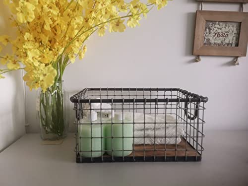 Rectangular Hand Welded Farmhouse Metal Baskets In Set Of 3 with Rustic Wooden Bottom. Large one:16.14"X12.2'X7.08"H, Study and Sutitable For Laundry, Towel, Spice Rack, Storage, Tool Box, Picnic