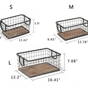 Rectangular Hand Welded Farmhouse Metal Baskets In Set Of 3 with Rustic Wooden Bottom. Large one:16.14"X12.2'X7.08"H, Study and Sutitable For Laundry, Towel, Spice Rack, Storage, Tool Box, Picnic