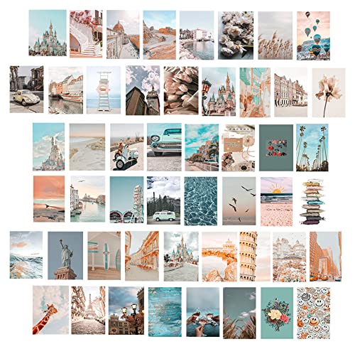 Onivein Peach Teal Wall Collage Kit Aesthetic Pictures, 50Pcs 4 x 6 Inch Blue Aesthetic Picture,Summer Beach Collage Print Kit, Trendy Cute Posters for Teen Girls, Photo Collage Kit for Dorm