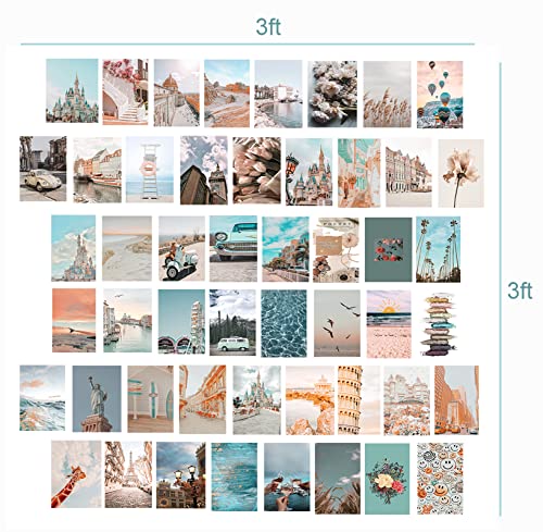 Onivein Peach Teal Wall Collage Kit Aesthetic Pictures, 50Pcs 4 x 6 Inch Blue Aesthetic Picture,Summer Beach Collage Print Kit, Trendy Cute Posters for Teen Girls, Photo Collage Kit for Dorm