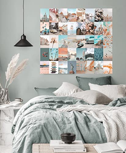 Onivein Peach Teal Wall Collage Kit Aesthetic Pictures, 50Pcs 4 x 6 Inch Blue Aesthetic Picture,Summer Beach Collage Print Kit, Trendy Cute Posters for Teen Girls, Photo Collage Kit for Dorm