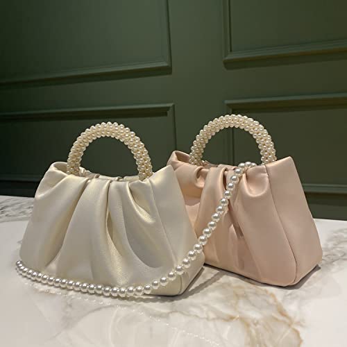 HEYCUE Women's Elegant Pearl Handbag Pleated Design Crossbody Purse Wedding Prom Bride Clutch Purse With Pearl Chain