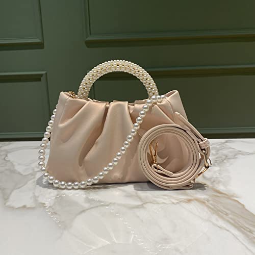 HEYCUE Women's Elegant Pearl Handbag Pleated Design Crossbody Purse Wedding Prom Bride Clutch Purse With Pearl Chain