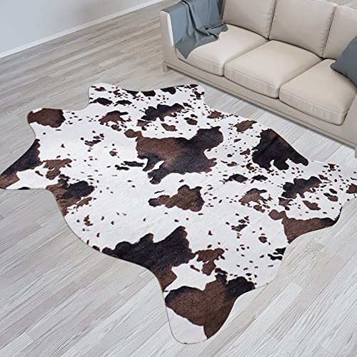 Fixseed Faux Fur Cowhide Rug for Living Room, 4.6 x 5.2 Feet Cute Non Slip Animal Print Area Rug, Cow Hide Print Rug for Western Home Decor