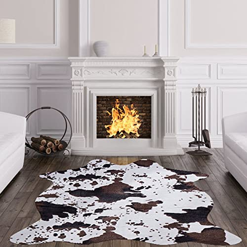 Fixseed Faux Fur Cowhide Rug for Living Room, 4.6 x 5.2 Feet Cute Non Slip Animal Print Area Rug, Cow Hide Print Rug for Western Home Decor