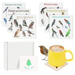 Bird Coasters, 6PCS Bird Coasters with Gift Card, Handmade Coasters for Drinks, Square Wooden Coaster Set for Bird Lovers Friends Home Kitchen Decor Bar Housewarming Gift (Birds)