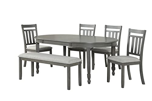 Liveasy Furniture Dining Room Table Set for 6, Kitchen Oval Table with Bench and Chairs Set (Set of 6) Dinette Table with Chairs and Bench (Oval Grey)