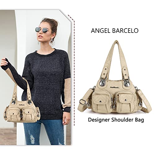 Angelkiss Small Hobo Bag for Women Soft Washed Vegan Leather Multi-pocket Shoulder Handbags and Purses Satchel Purse Roomy and Fashion