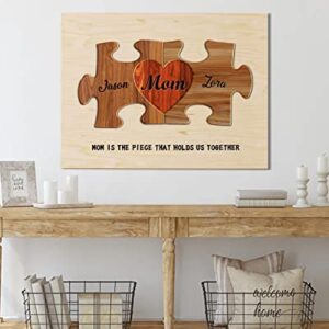 Bohva Personalized Gifts for Mom Family Names Sign, Mothers Day Gifts for Mom from Daughter and Son, Custom Heart Puzzle Pieces Print On Wood, Suitable for Mothers Day Birthday Christmas Thanksgiving