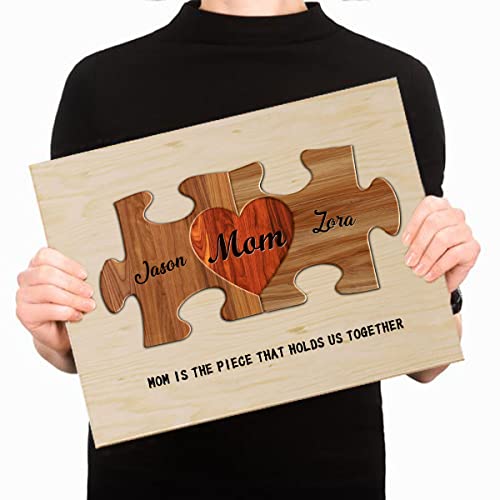 Bohva Personalized Gifts for Mom Family Names Sign, Mothers Day Gifts for Mom from Daughter and Son, Custom Heart Puzzle Pieces Print On Wood, Suitable for Mothers Day Birthday Christmas Thanksgiving