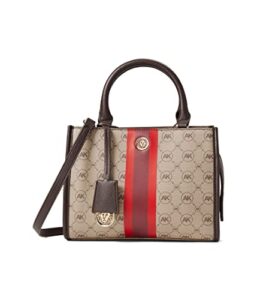 anne klein mini logo satchel, cream-brown/espresso w/red-rhubarb stripe