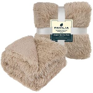 PAVILIA Soft Fluffy Faux Fur Throw Blanket, Taupe Tan Camel, Shaggy Furry Warm Sherpa Blanket Fleece Throw for Bed, Sofa, Couch, Decorative Fuzzy Plush Comfy Thick Throw Blanket, 50x60 Inches