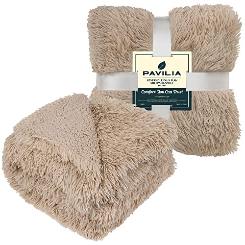 PAVILIA Soft Fluffy Faux Fur Throw Blanket, Taupe Tan Camel, Shaggy Furry Warm Sherpa Blanket Fleece Throw for Bed, Sofa, Couch, Decorative Fuzzy Plush Comfy Thick Throw Blanket, 50x60 Inches