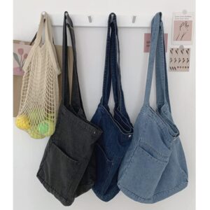 Retro Y2K Denim Shoulder Bag, Large Capacity Hobo Crossbody Messenger Bag, Aesthetic Handbag Fairy Grunge Tote Bag (Dark Blue)