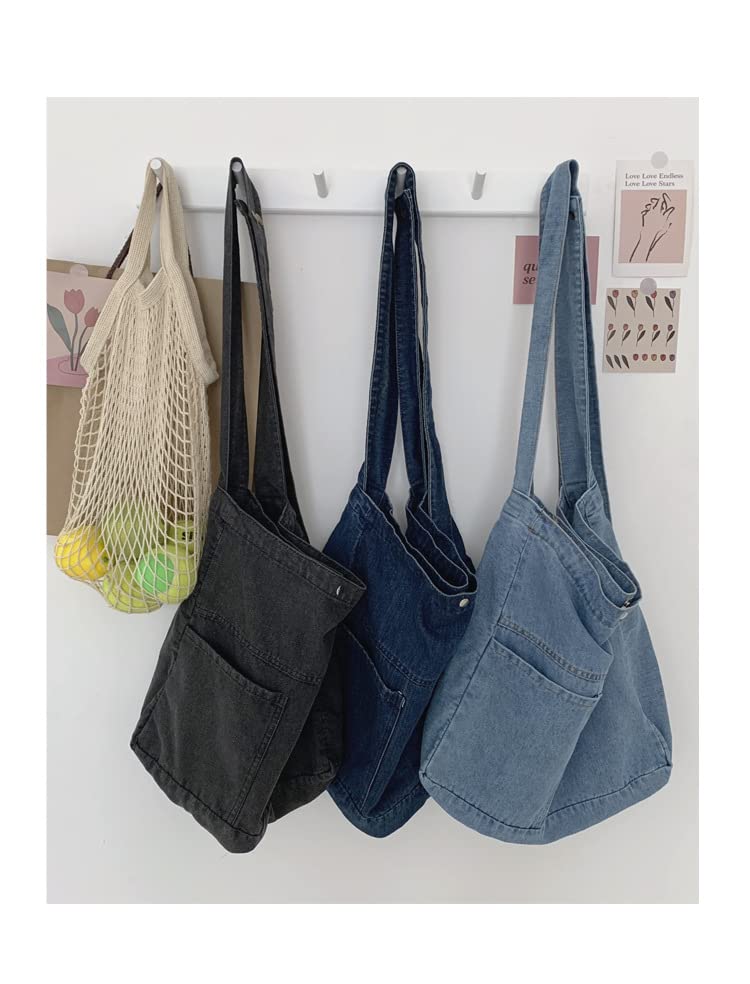 Retro Y2K Denim Shoulder Bag, Large Capacity Hobo Crossbody Messenger Bag, Aesthetic Handbag Fairy Grunge Tote Bag (Dark Blue)