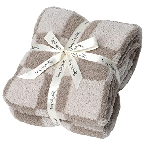 Fleece Checkered Throw Blanket for Couch,Soft Cozy Microfiber Reversible Fluffy Checkerboard Throw Blanket, Lightweight Outdoor Travel Blanket (Linen/Warm Gray, 51"x63")