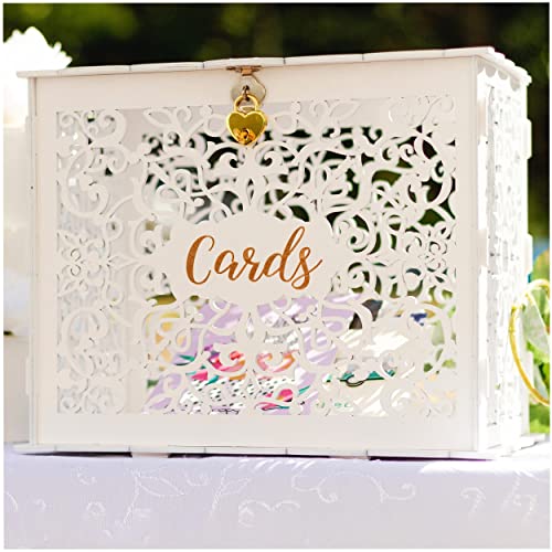 J&A Homes Wedding Card Box with 3 Lock Styles - Large Wooden Envelope Money Box for Reception Decorations - Keepsake Gift Boxes with Lock for Wedding, Baby Shower, Graduation, Anniversary (White)