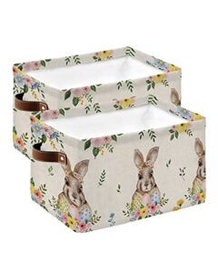 spring floral botanical storage bins 2 pack, large waterproof storage baskets for shelves closet, easter bunny colorful eggs rustic burlap storage basket foldable storage box cube storage organizer