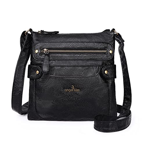 Angel Kiss Crossbody Purses for Women, Zipper Pocket and Adjustable Strap, Retro Vegan Leather Women's Shoulder Handbags Travel Bags (Black)